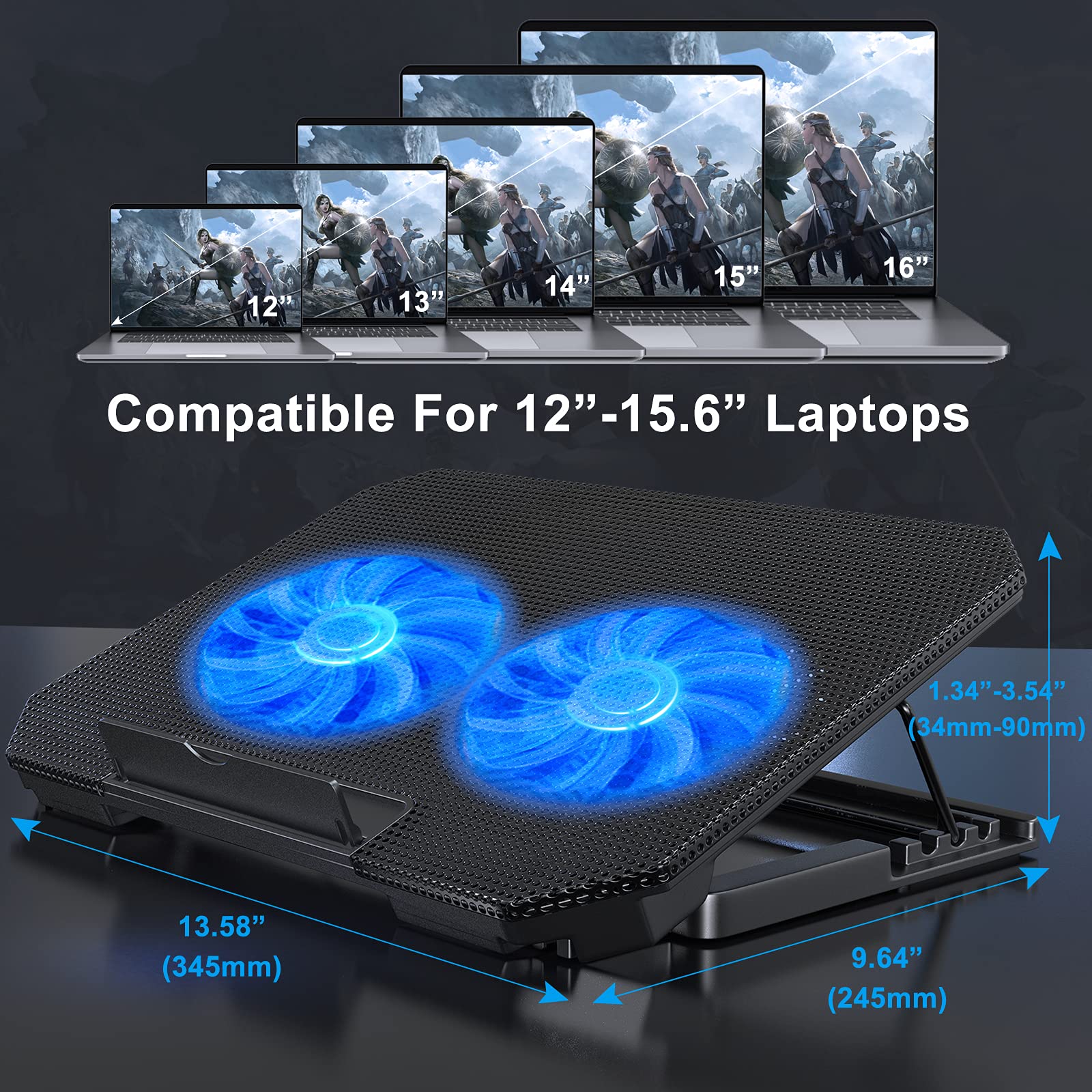 LIENS Laptop Cooling Pad with Adjustable Height Two 5.1 Inches Fan 2 USB Ports Suitable for 12"-15.6" Laptops(Black)