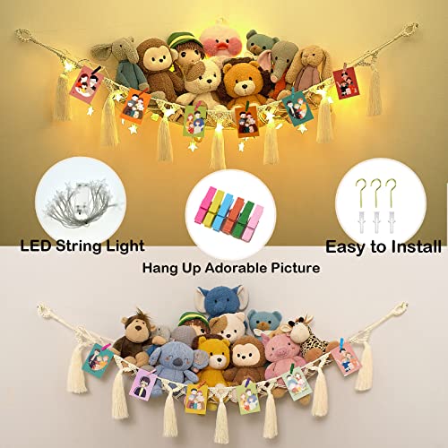 Mingtex Stuffed Animal Net or Hammock – Decorative Macrame Toy Hammocks for Kids Toys, Large Soft Net with LED Start Light String, Wall Hanging Hooks, and Wooden Photo Display Clips, Toy holder