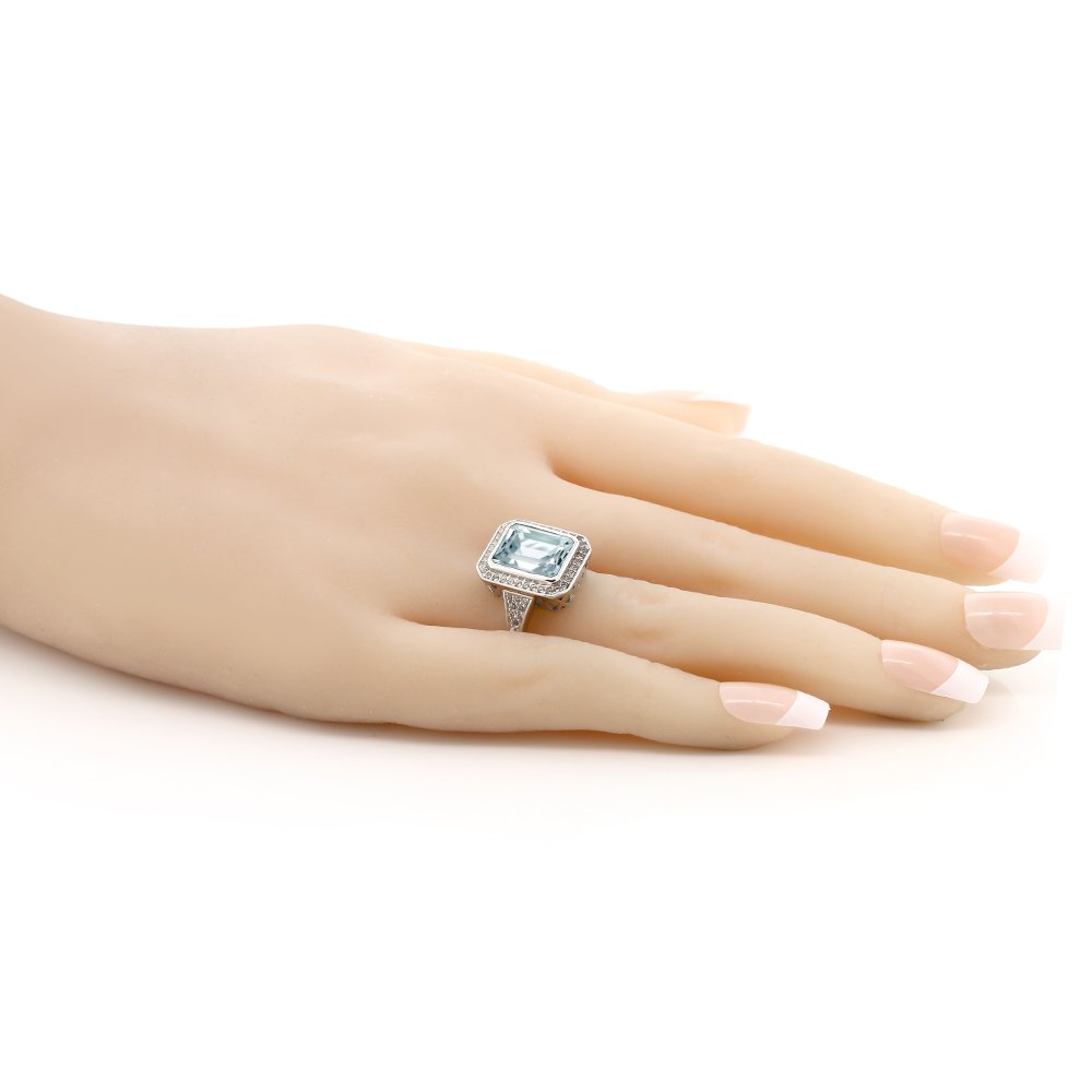 Gem Stone King 925 Sterling Silver Simulated Aquamarine Ring For Women | 5.00 Cttw | Emerald Cut 11X9MM | Available In Size 5, 6, 7, 8, 9