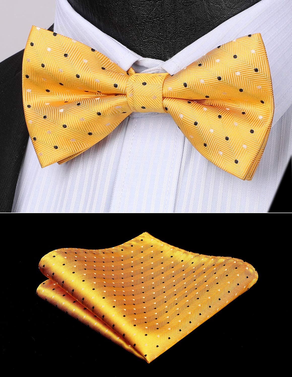 HISDERN Bow Tie for Men Yellow Bowties Polka Dot Pre-Tied Bowtie and Pocket Square Bow Ties Set Formal Tuxedo Handkerchief Bowties for Wedding Party