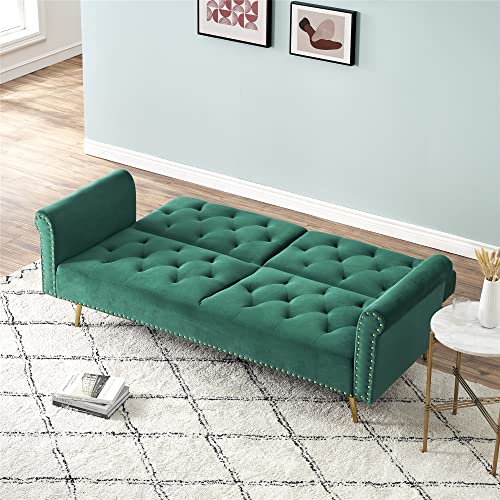PBOGHLRD Convertible Velvet Loveseat Sofa, Upholstered Nail Head Futon Sofa Bed with Two Pillows, Modern Sleeper Couch Bed for Living Room, Bedroom, Home Office (Green)