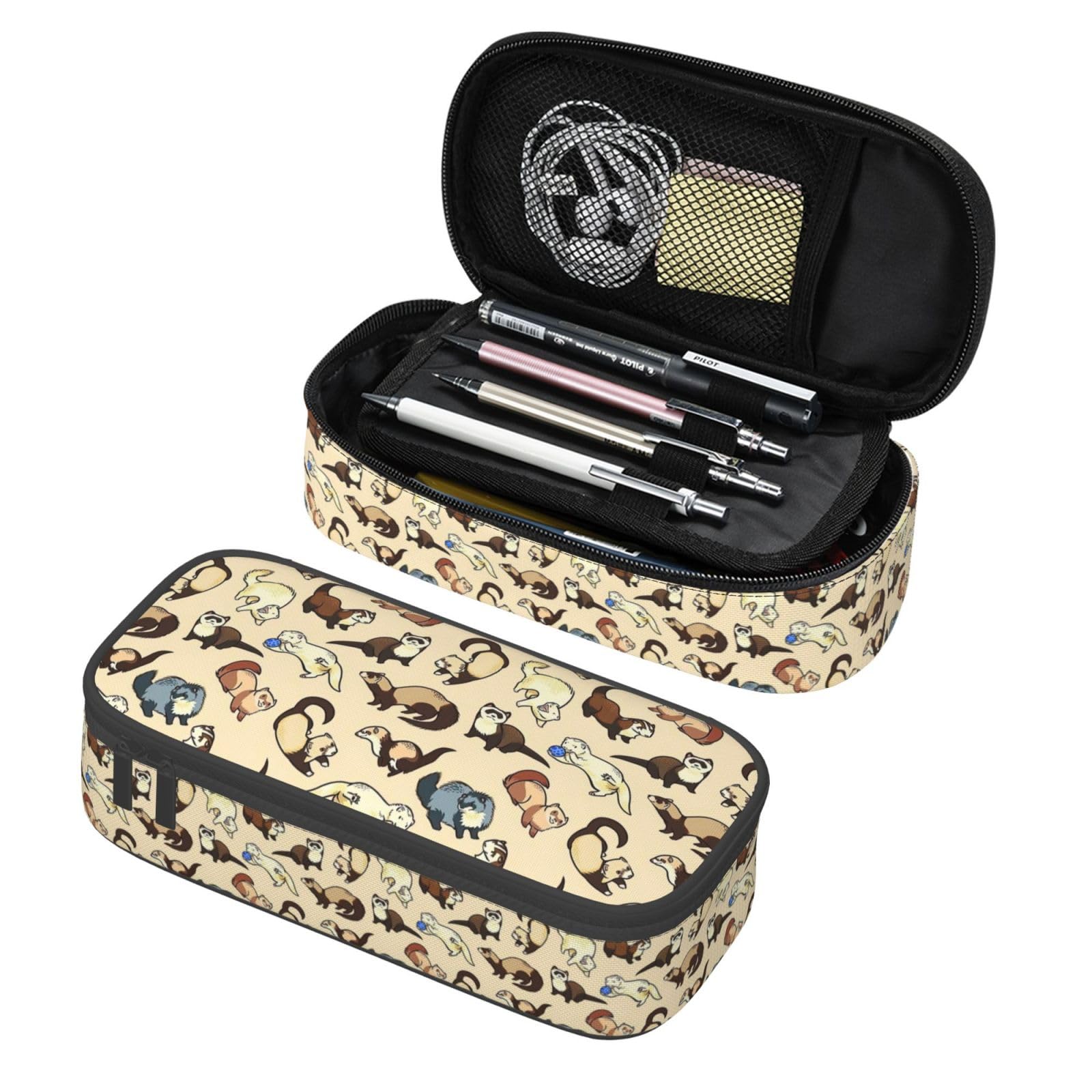 QHWLR Hairy Ferret print Pencil Case Large Capacity Pen Pouch for interlayer Adults Cosmetic Bag Supplies , Black