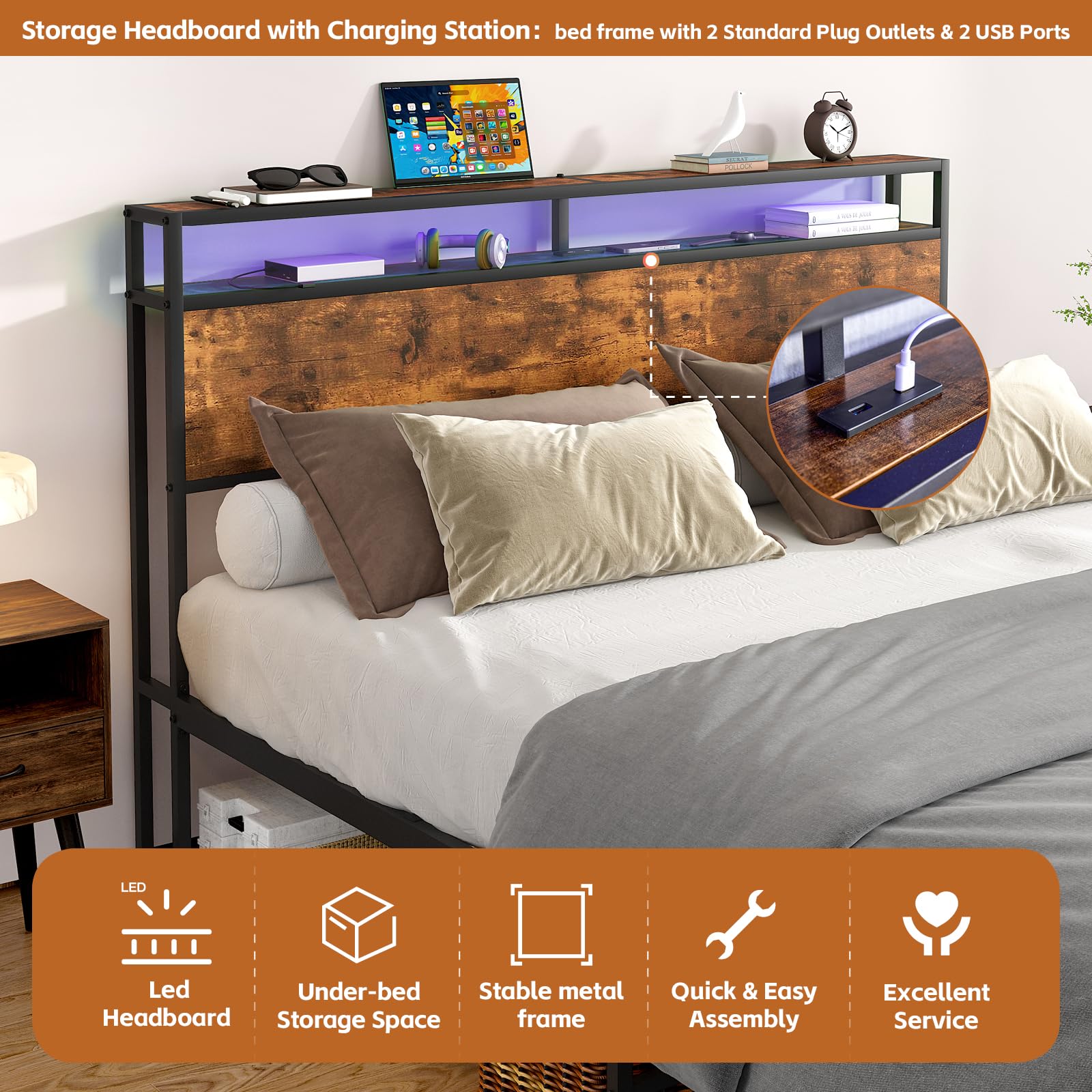 QSOSTNS Bed Frame with Ergonomic Headboard, 14 inch Fast Assembly Metal Bed with LED Lights, Outlets & USB, Bed Frame Full Size with Storage, Noise Free, No Box Spring Needed (Full)