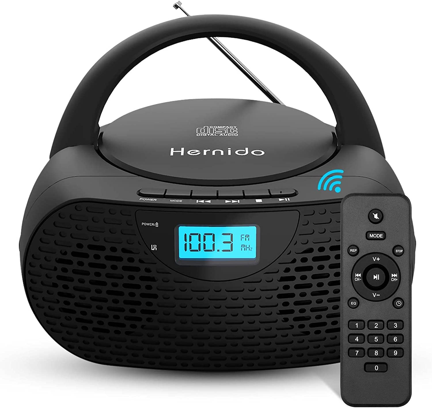 Portable Bluetooth CD Boombox, Mini Small CD Player with Remote Control, Rechaegeable FM Radio, Stereo Sound Speaker Audio Player, USB Port, AUX Input Headphone Jack (Black)