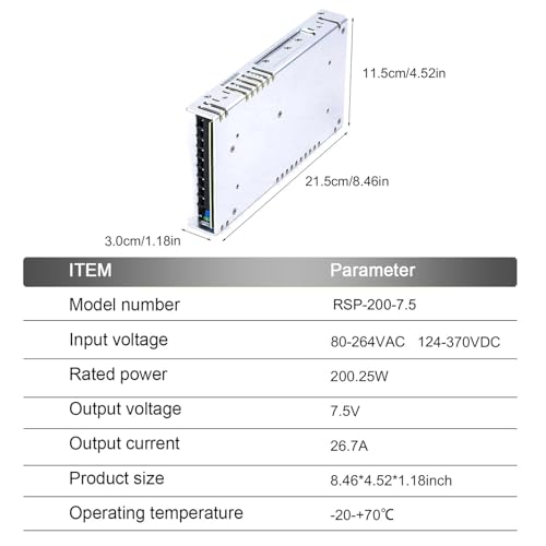 TorqCali RSP-200-7.5 200W Single Output Power Supply 7.5V 26.7A Constant Current with PFC, Enclosed Type for Robotics, Industrial Automation, and LED Lighting