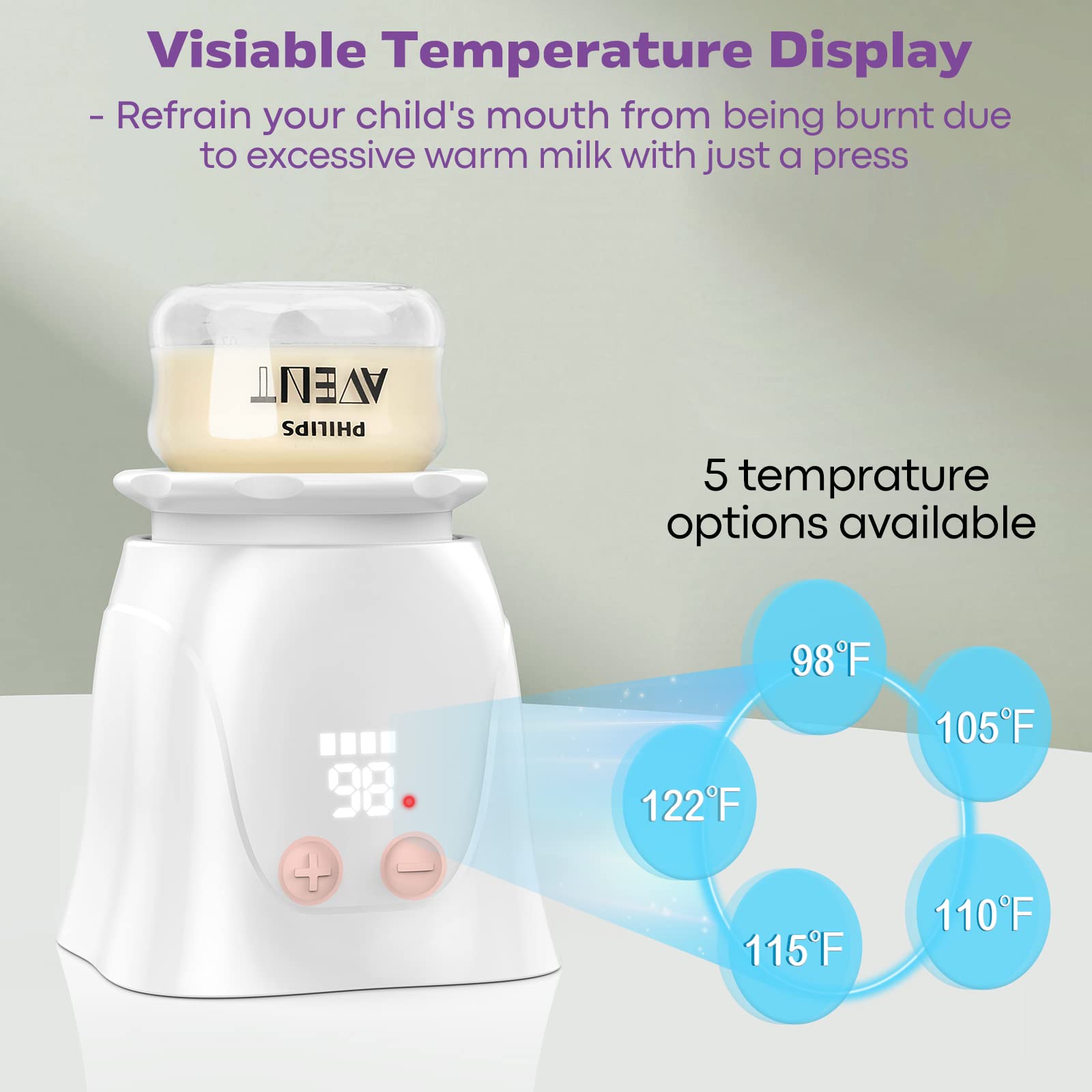 Portable Bottle Heater Double Leak-Proof with 8 Adapters, Quick Heating Travel Bottle Heater, 5 Temperature Settings Babys Brew Portable Warmer for Breast Milk, Formula, Water