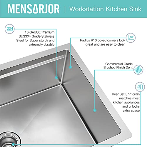 MENSARJOR 14 x 19 Inch Workstation Undermount Single Bowl 16 Gauge handmade NEW MODEL Stainless Steel Kitchen sink …