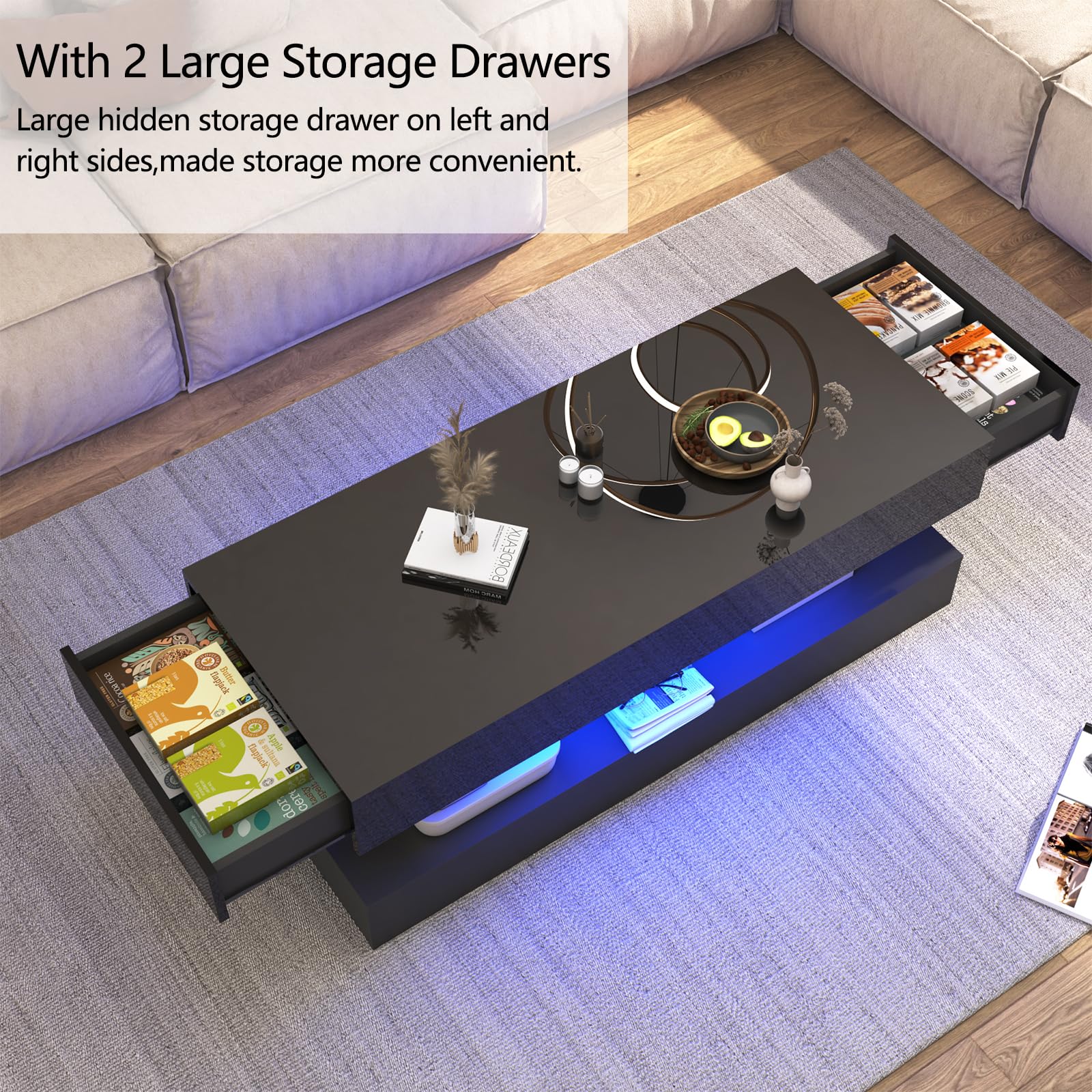 Uspeedy 47.3IN High Glossy LED Coffee Table,APP LED Lights,Black/White, Modern Furniture for Living Room (White)