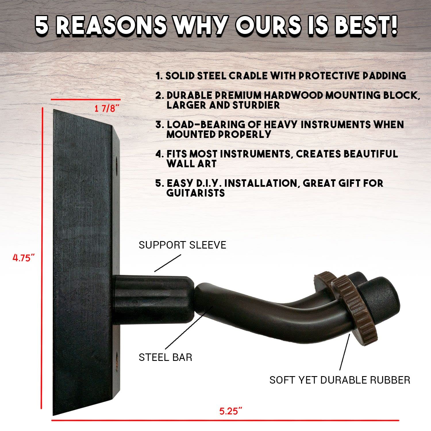 Mainstream Source® Guitar Hanger Cradle and Wall Mount – Guitar Hanger Wall Mount with Padded Cradle and Large Wooden Base, Great for Electric, Bass, or Acoustic Guitars (Black Wood, Pack of 1)