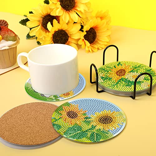 Sunflower Diamond Painting Coasters DIY Diamond Art Coaster 5D Full Drill Diamond Coaster Acrylic Round Cup Coaster with Holder Cork Pad for Summer Fall Thanksgiving Party Home Decor DIY Crafts, 8 PCS