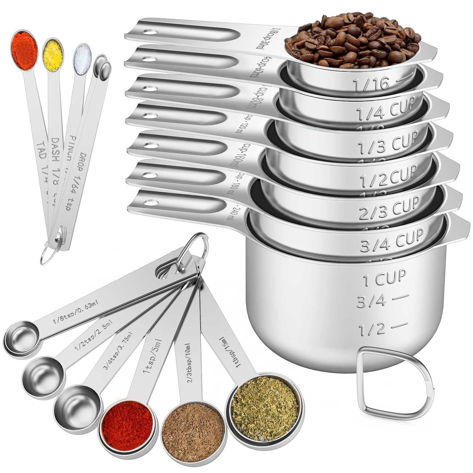 Paincco Stainless Steel Measuring Cups & Spoons Set of 21, Includes 7 Nesting Metal Measuring Cups, 9 Measuring Spoons and 5 Mini Measuring Spoons, Kitchen Gadgets for Cooking & Baking