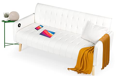 TYBOATLE 57â W Mid-Century Striped PU Leather Loveseat Sofa w/ 2 USB Charging Ports, Modern Love Seats Couch w/Pillow for Small Space, Living Room, Office, Apartment, Dorm (White)