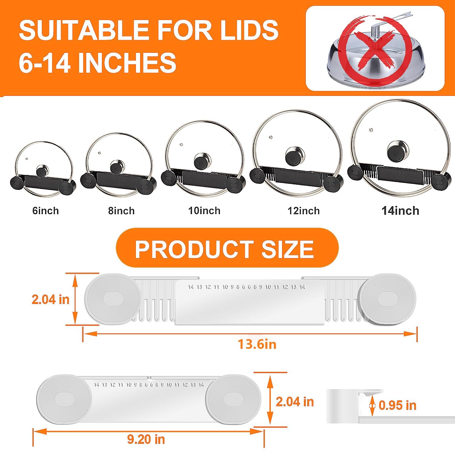 Qicaitulife 4 Pack Adjustable Pot Lid holder,Pan Cover Organizer Fits 6" to 14" lid, Adhesive Wall Mount Pots Lid Storage for Kitchen Cupboard 、Cabinet Door (white)