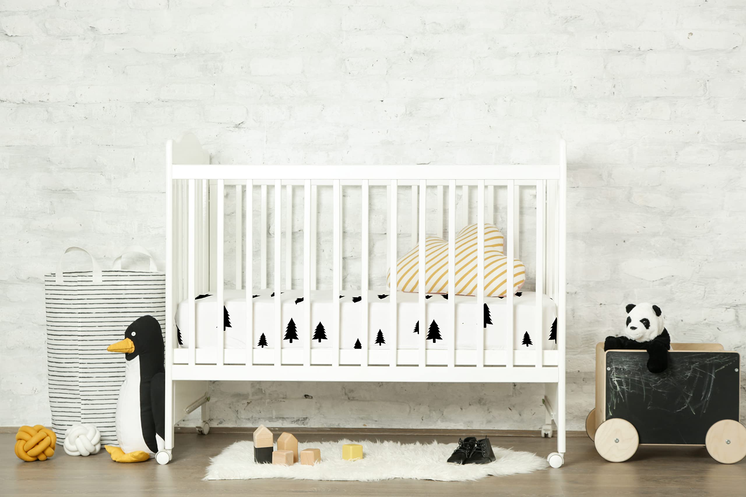 Mini Crib Pack n Play Travel Crib Fitted Sheet - White with Black Trees 100% Cotton Lightweight