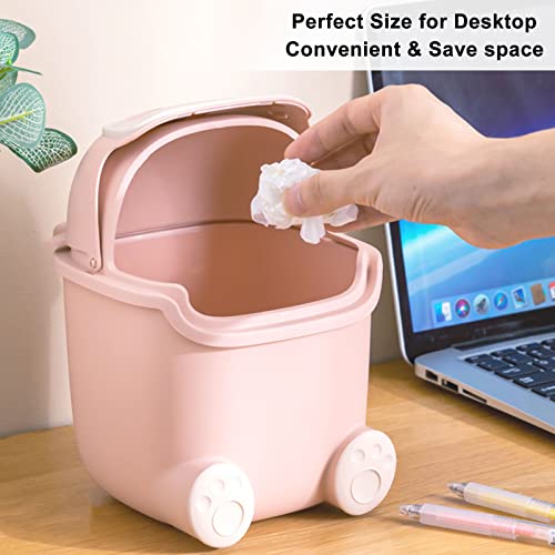 SHAIDOJIO Cute Desktop Trash Can, Creative Mini Garbage Can with 90Pcs Trash Bags, Small Desktop Plastic Waste Basket with Flip Lid for Bathrooms, Kitchens, Offices, Dressing Table (Pink)