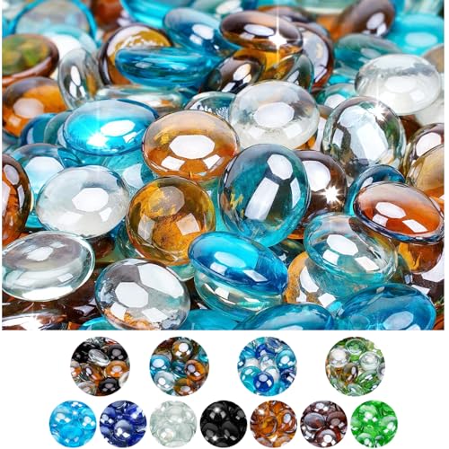 Mr. Fireglass 10 Pound Blended Fire Glass Beads, 1/2" High Luster Mixed Colored Fire Glass Drops for Fireplace Fire Pit & Lanscaping, Caribbean Blue, Crystal Ice, Caramel