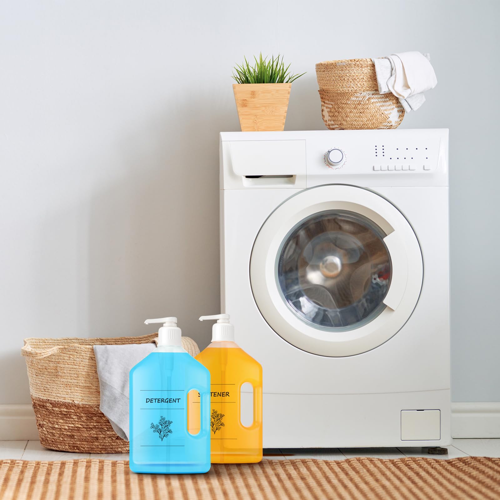 Qinyoung 2 Pcs 1 Gallon/128 oz Laundry Detergent Dispenser Plastic Fabric Softener Dispenser for Laundry Room Organization and Storage Liquid Laundry Detergent Container with 2 Lids 2 Pumps 6 Labels