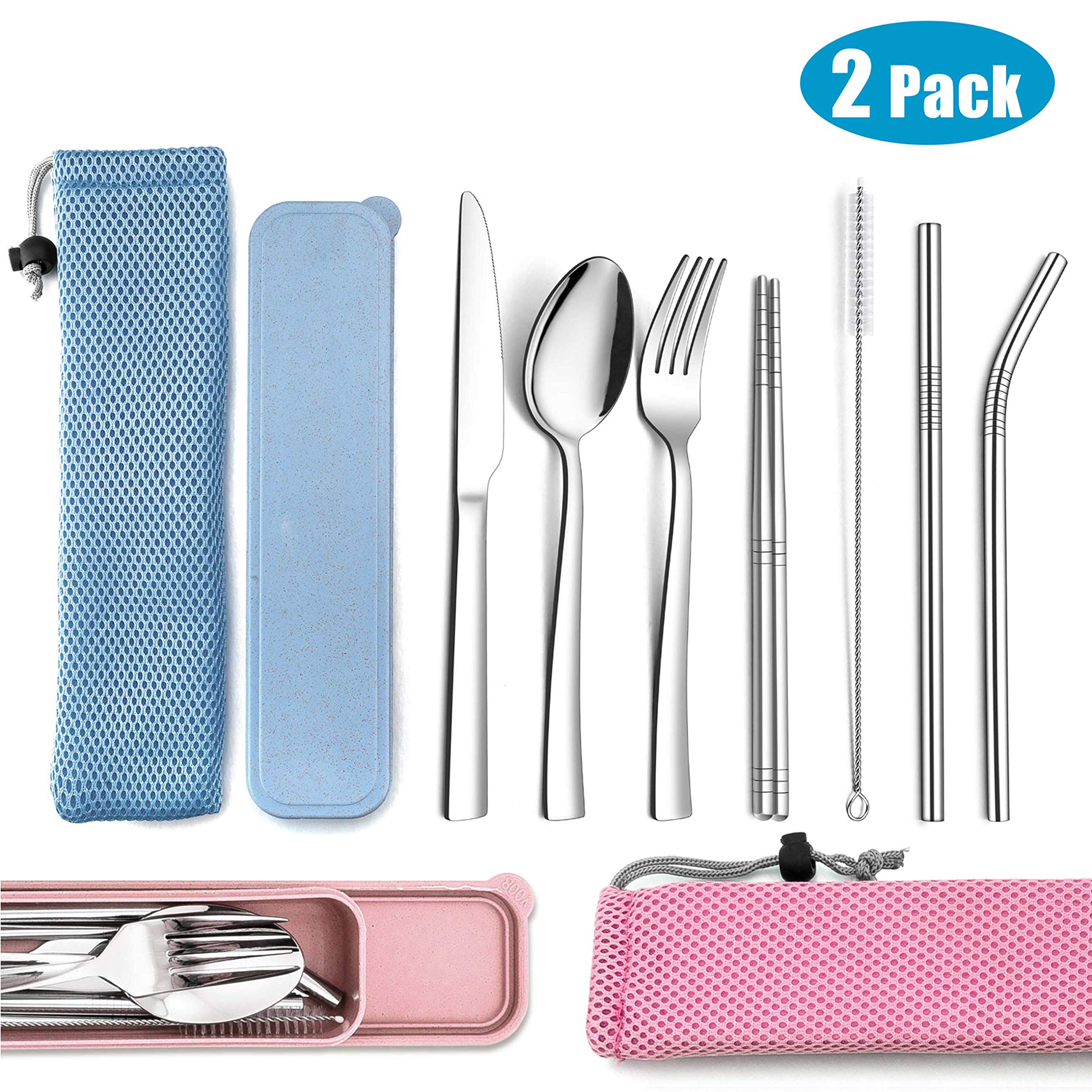 LIANYU 2 Pack Travel Silverware Set, 18-Piece Portable Utensils Flatware Set with Blue and Pink Case Bag, Reusable Cutlery Set for School Office Camping, Dishwasher Safe