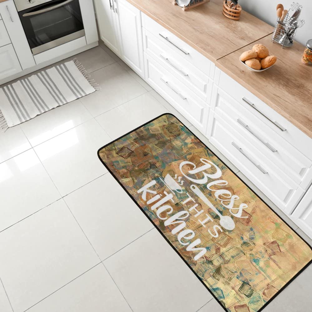 Kitchen Mat Non-Slip Kitchen Rug Bless This Kitchen Artistic Sketch Kitchen Doormat Runner Rug for Home Decor,39 x 20 Inch