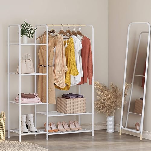 TZAMLI Clothing Rack with 6 Shelves, Heavy Duty Clothes Rack Garment Rack with Hanging Rod, Free-Standing Closet Organizer Storage Shelf (White-6 Tier)