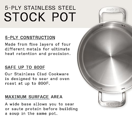 Made In Cookware - 6 Quart Stainless Steel Stock Pot With Lid - 5 Ply Stainless Clad - Professional Cookware - Crafted in Italy - Induction Compatible