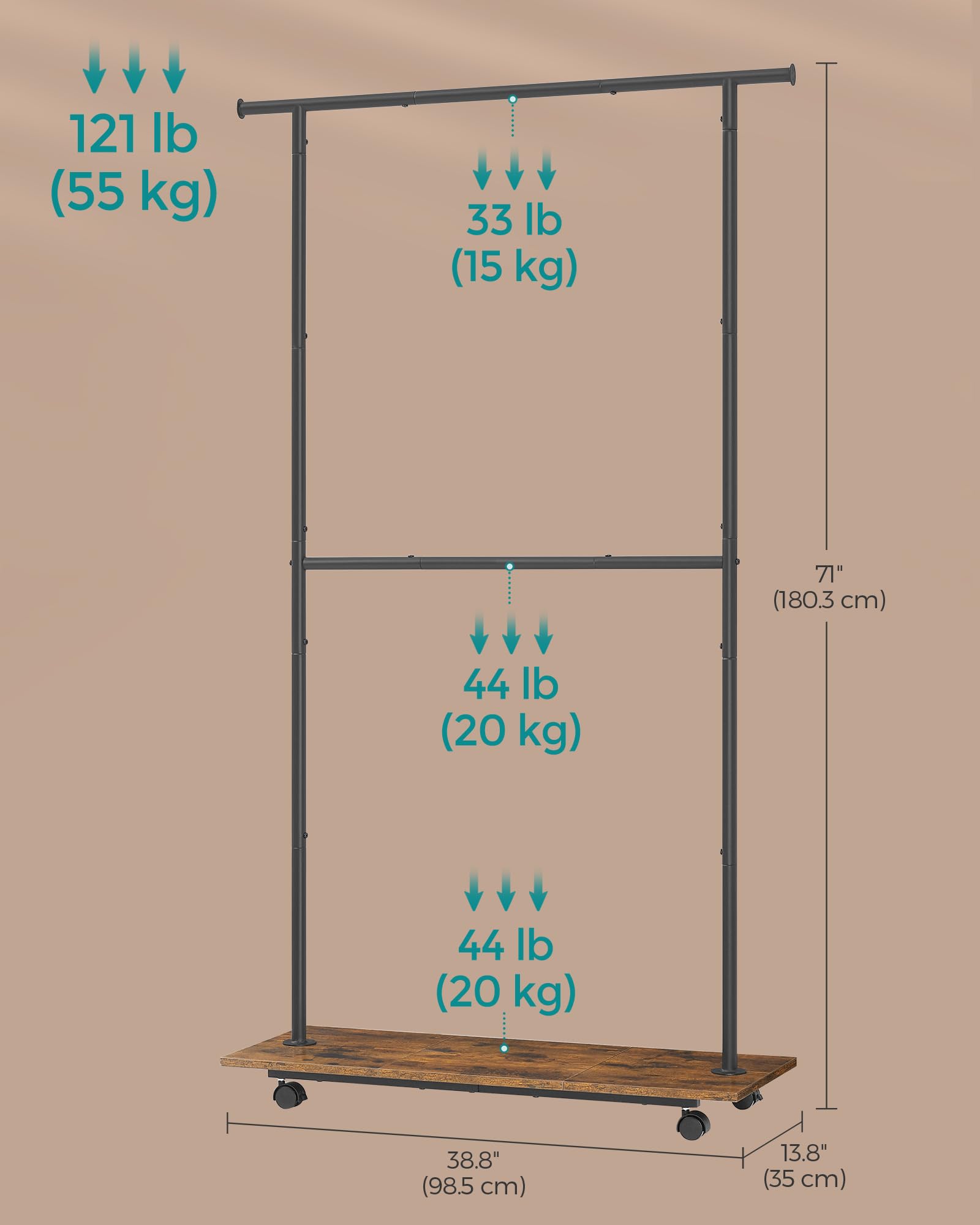 SONGMICS Clothes Rack with Wheels, Middle Rod Clothing Rack for Hanging Clothes, 38.8 Inches Garment Rack with Shelf, Height Adjustable, Loads up to 121 lb, Rustic Brown and Ink Black UHSR153B01