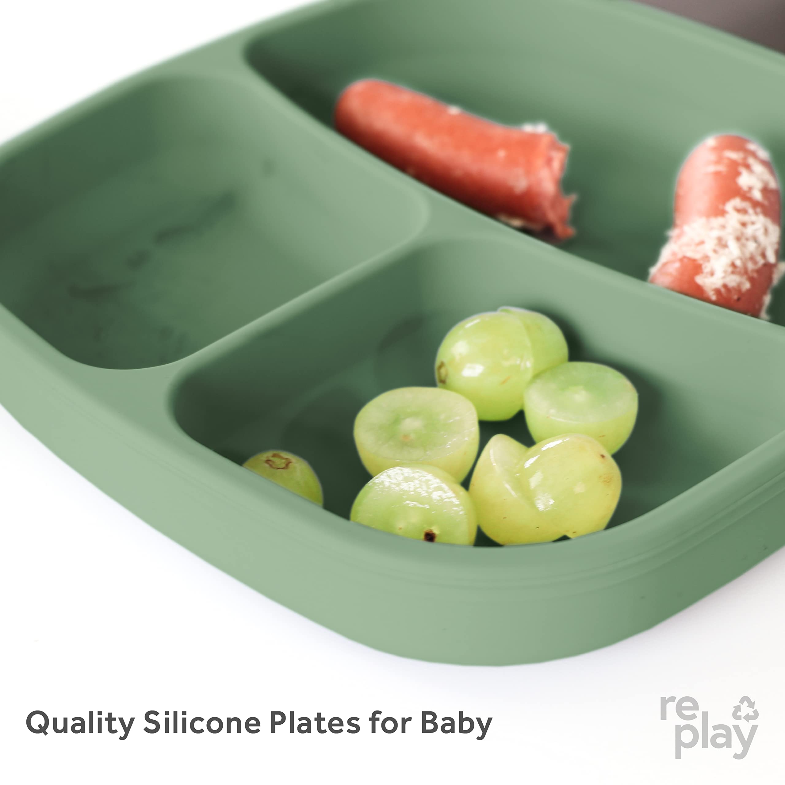 Re-Play Sustainables Silicone Suction Divided Plate with Press In Compartment Lid - Made with Medical-Grade Platinum Silicone - With Lid - Sage