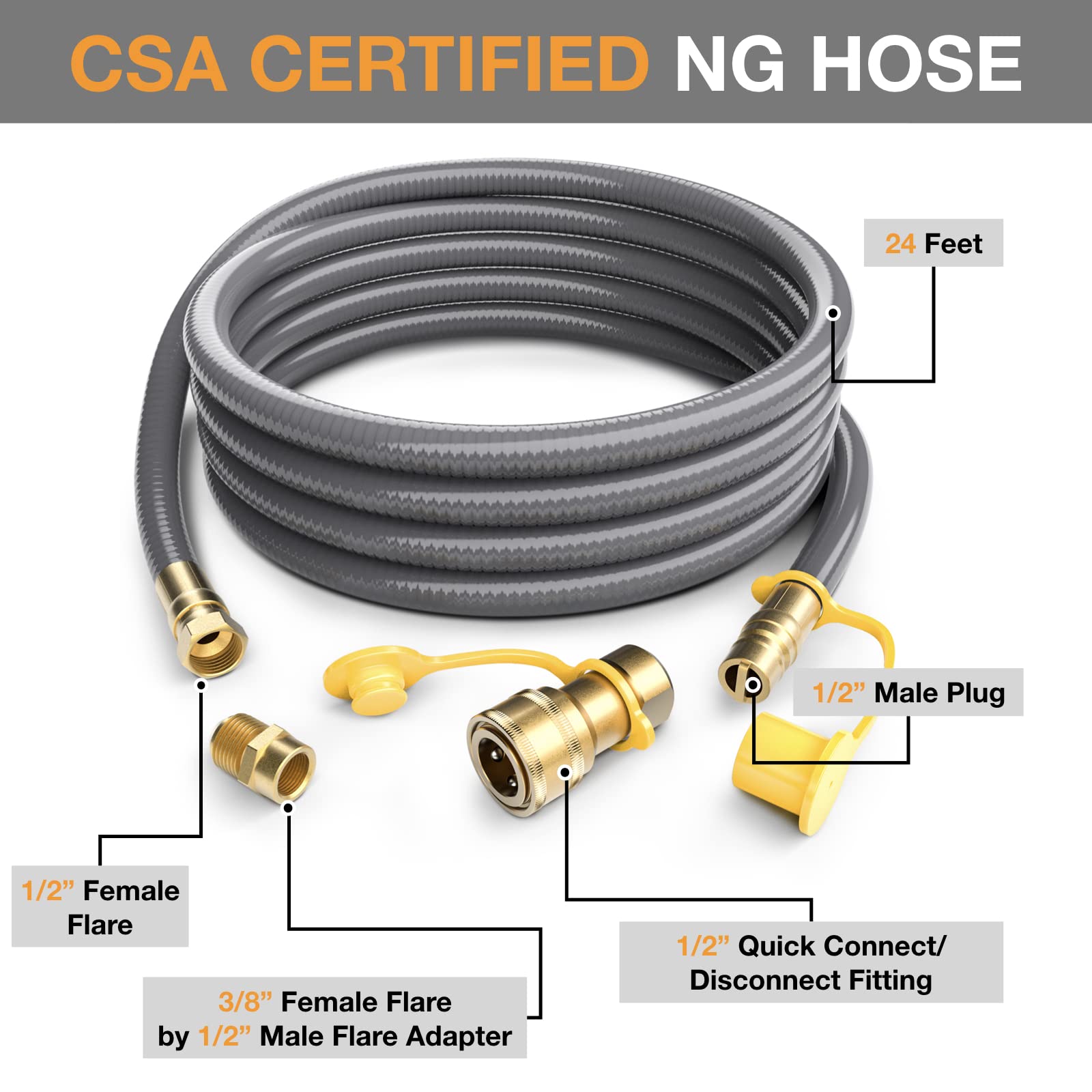 PatioGem 24FT 1/2β Natural Gas Hose, Natural Gas Conversion Kit, Flexible Gas Line Propane to Natural Gas Conversion Kit with Quick Connect Fitting for Grill, Fireplace, Heater, Burner, Generator-CSA