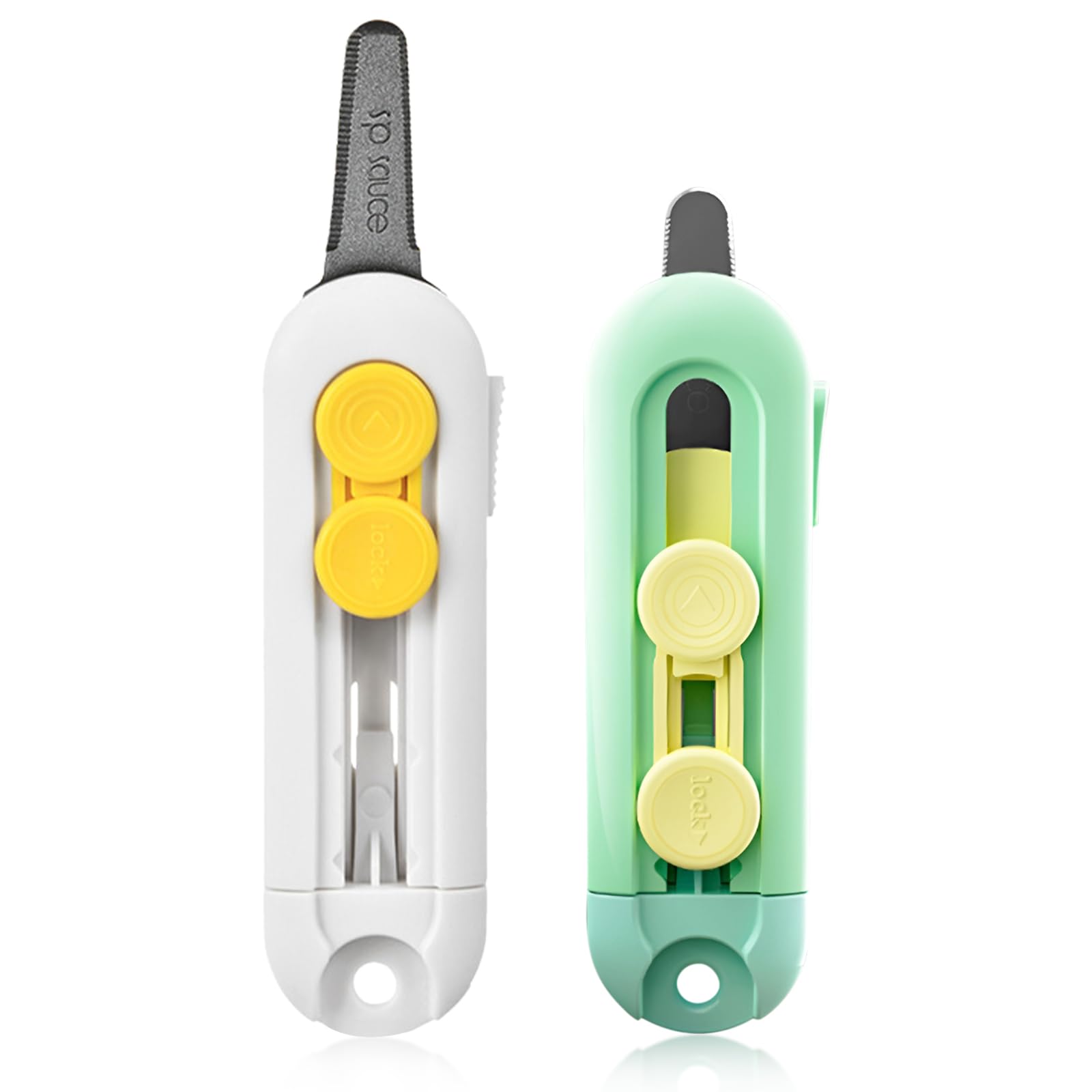 TECHPLUS 2 Pcs Retractable Box Opener โ Utility Knife for Cardboard and Package Cutting โ Non-Stick Fluorine Coated Serrated Blade โ Safety Magnetic Box Cutter