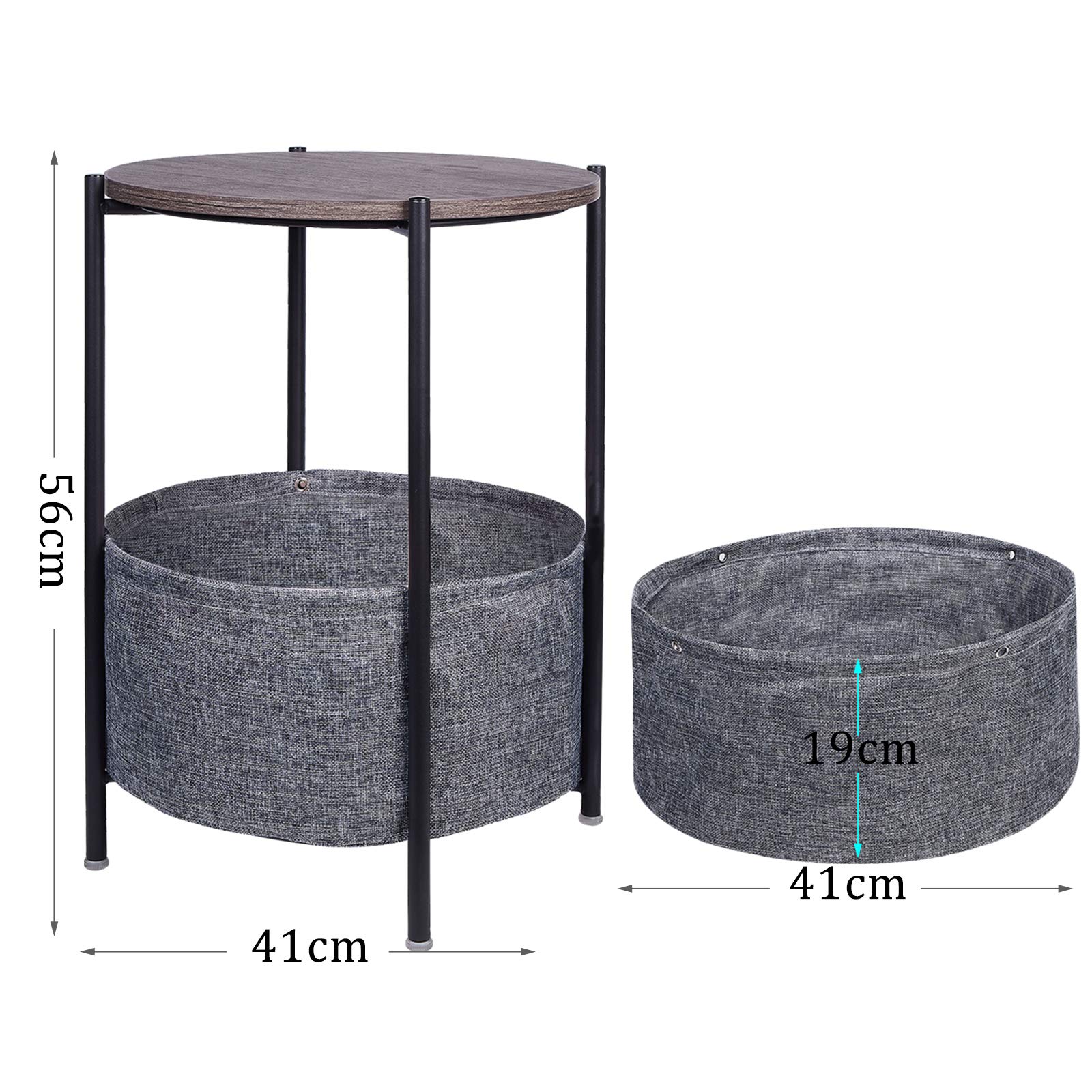 JANE EYRE Round Side Table with Storage Basket Small End Table Nightstand with Fabric Storage for Living Room Bedroom Home Office