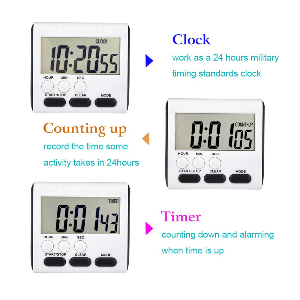 Mudder 3 Pack 24 Hours Magnetic Kitchen Timers with Digital Alarm Clock Timer, Loud Alarm and Big Screen (Black)