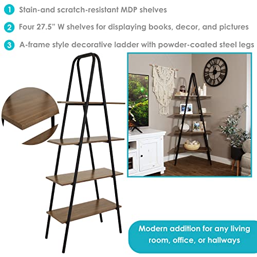 Sunnydaze 68.5-Inch H 4-Tier Industrial-Style A-Frame Ladder Shelf - MDP Shelves with Powder-Coated Steel Frame - Brown