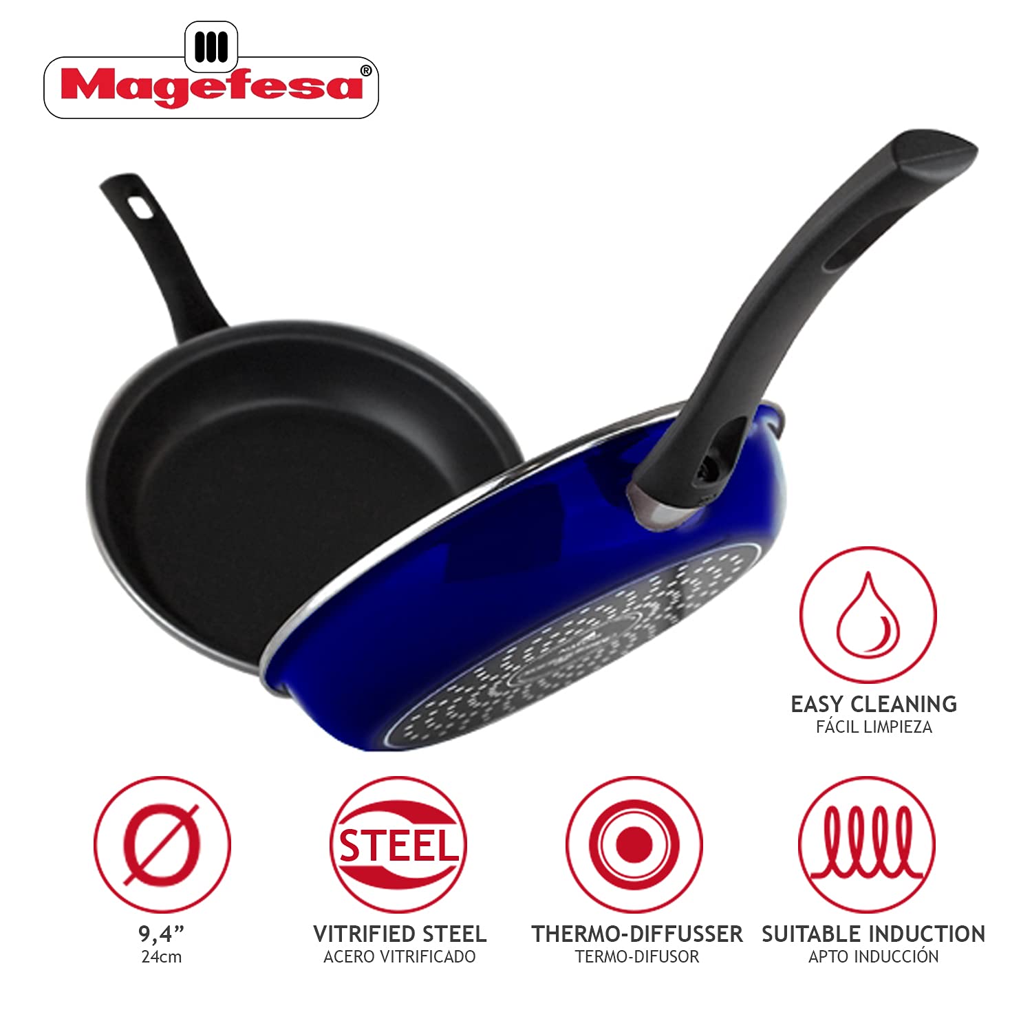 MAGEFESA ® Frittata spanish tortilla frying pan, 9.4 in, blue, double layer non-stick frying pan, vitrified steel, compatible with all types of fire, including induction, Dishwasher safe, Ergonomic