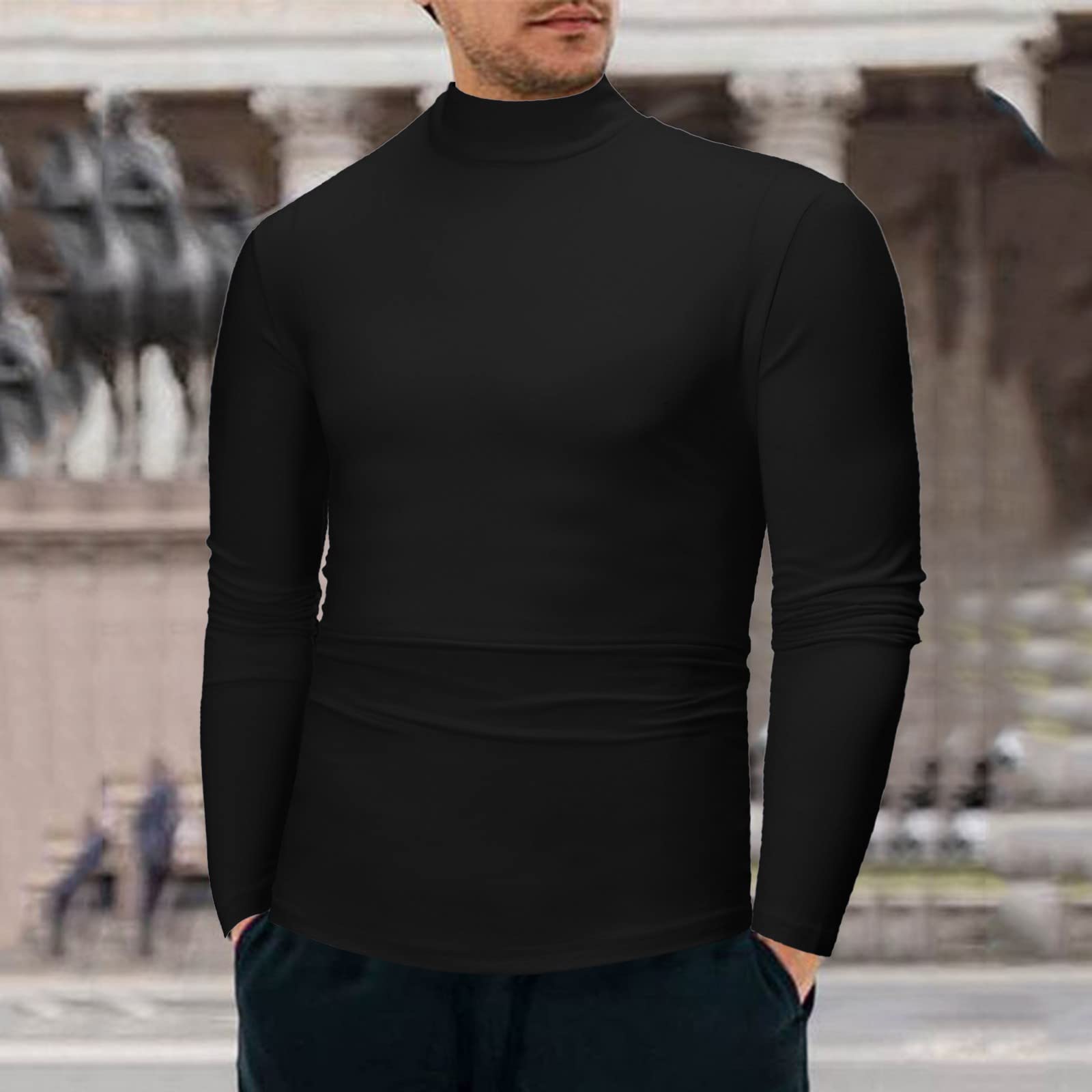 Male Winter Warm Low Collar Fashion Thermal Underwear Men Basic Plain T Shirt Blouse Pullover Mens Extra Large Shirts Black