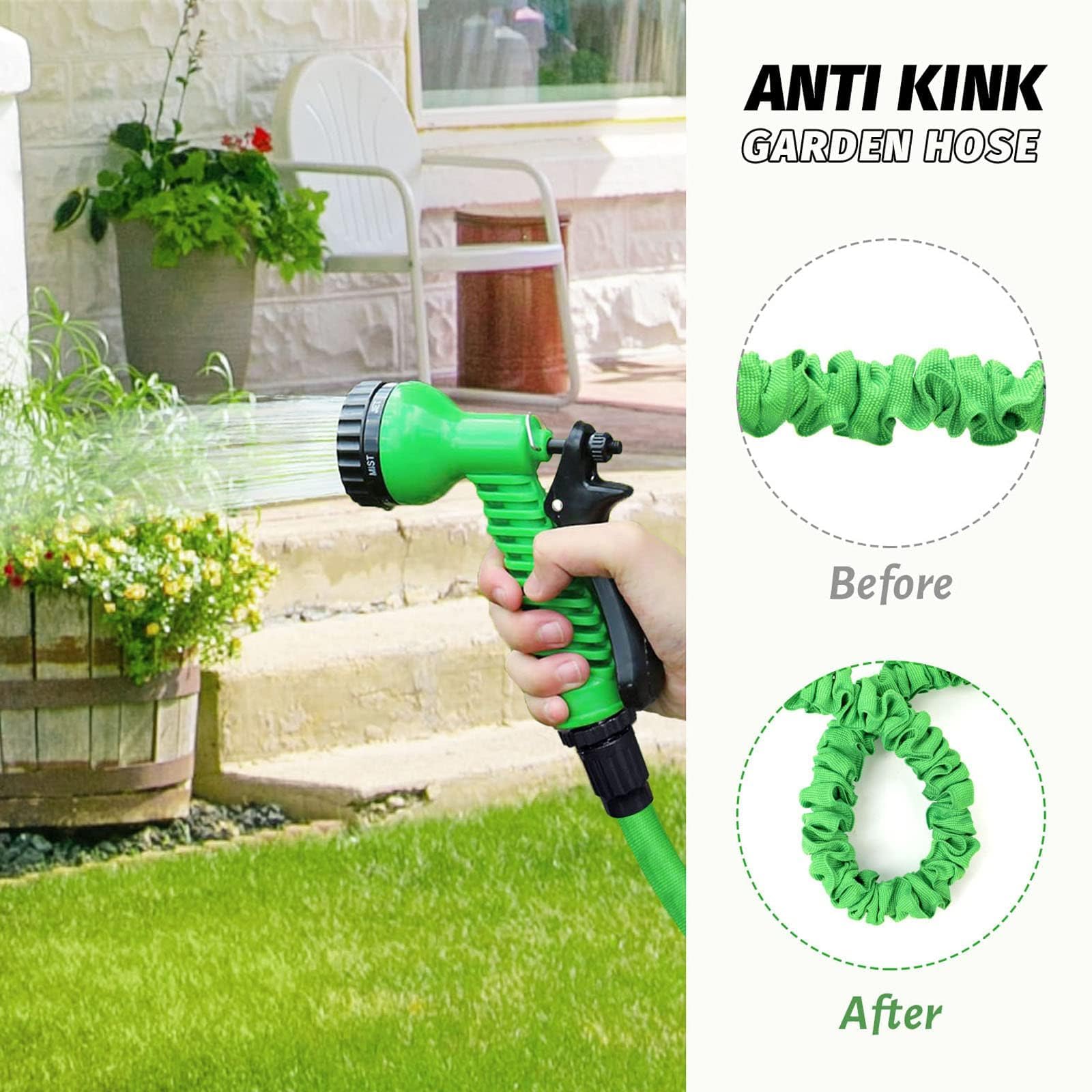 Numhew Expandable Garden Hose Water Pipe - 50FT Upgraded Expandable Water Hose with 7 Pattern Spray Nozzle, Retractable Latex Core Flexible Expanding Hose, Green