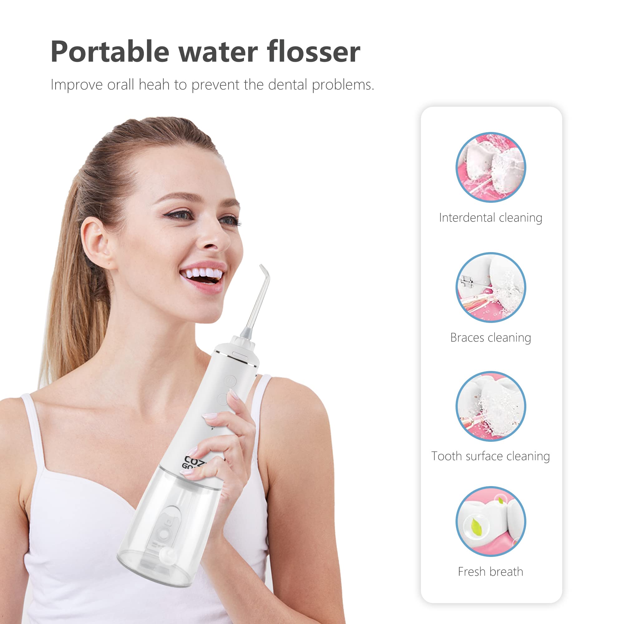 Portable Oral Irrigator ,Water Dental Flosser,Electric Flossers for Teeth,3 Cleaning Modes IPX7 Waterproof, 5Tips (Transparent)