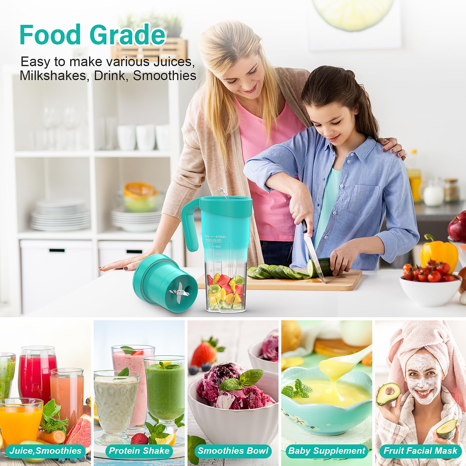 Portable Blender for Shakes and Smoothies, 16 Oz Mini Blender cup, HUIJUTCHEN Personal Blender with Six Blades USB Rechargeable Juicer Blender Cup for Baby Food Travel Kitchen, 470ML Green