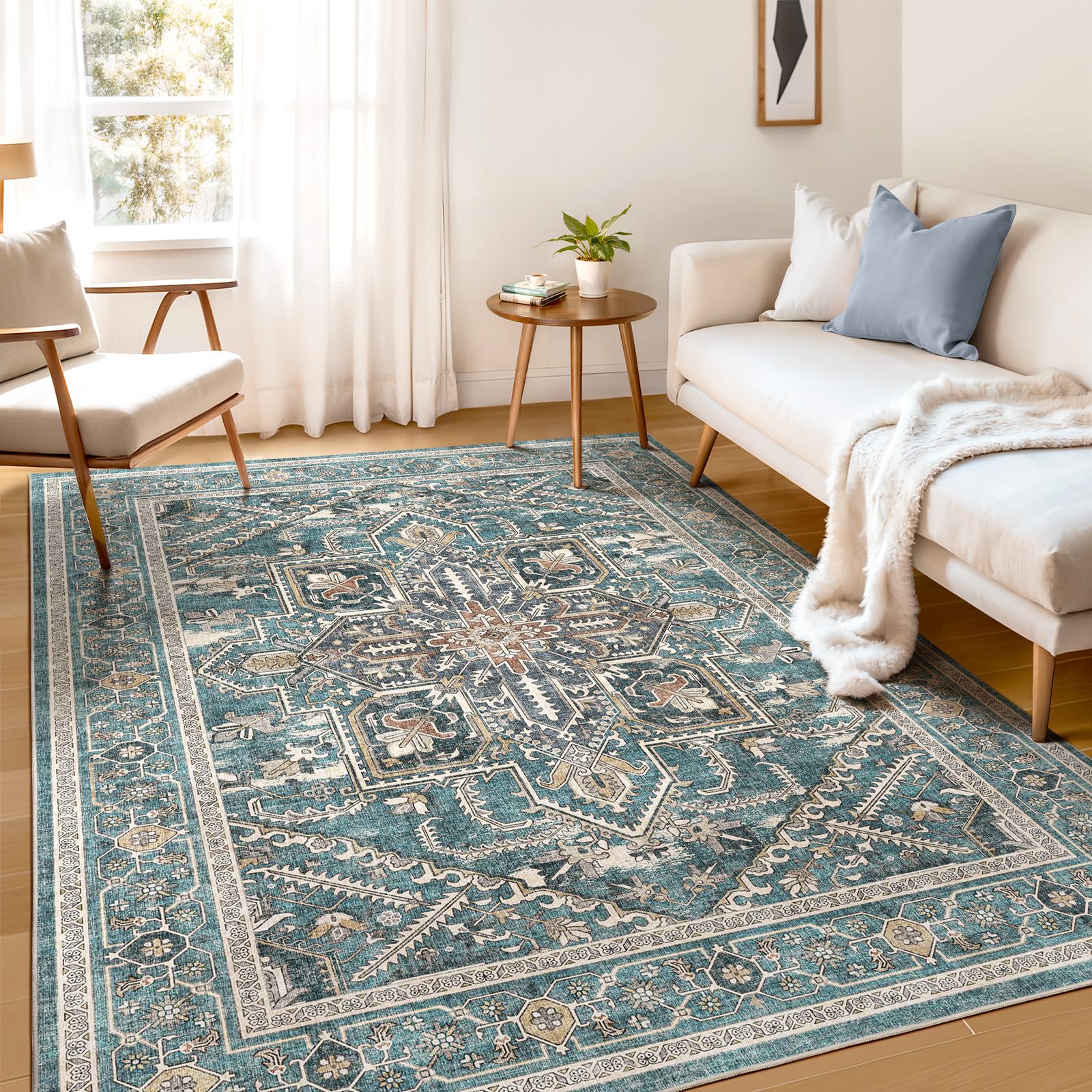 WITSHOCK Boho Area Rugs Machine Washable for Living Room Bedroom, Large 5x7 Vintage Non-Slip Stain Resistant Floor Carpet Indoor for Kitchen Dining Room Office Home Decor, Dull Teal