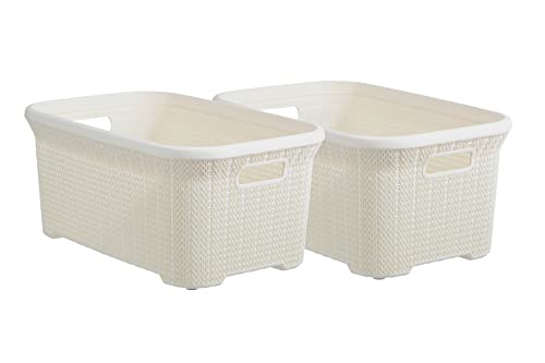 Plastic Laundry Basket Small Storage Hamper Basket, 2 Pack Cream Cloths Basket Organizer with Cut-Out Handles. Space Saving for Laundry Room Bedroom Bathroom, Knit Design 40 Liter.