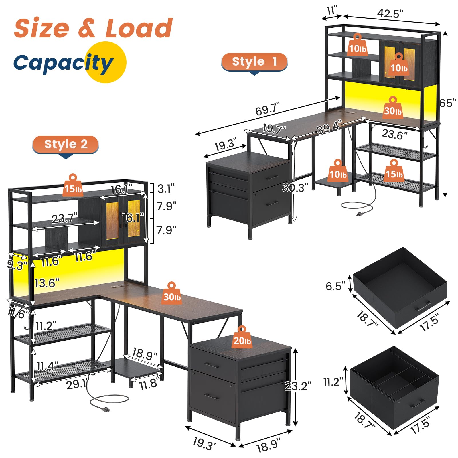 UPOSOJA L Shaped Gaming Desk with Hutch, Reversible Computer Desk with Drawers, Storage Shelves & Pegboard, Modern Home Office Desks with LED Lights & Power Outlet, Corner Desk Black