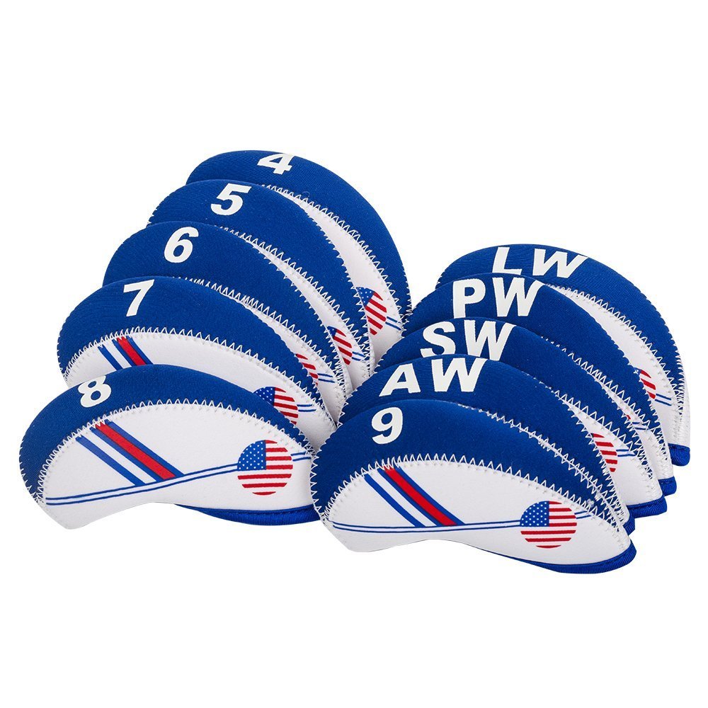 Golf Iron Head Cover Navy Blue 10pcs Set 4-9 A/Sw/Pw/Lw with Gossip Pattern Splice Digital Neoprene Golf Club Headcovers Wedge Iron Protective Headcover