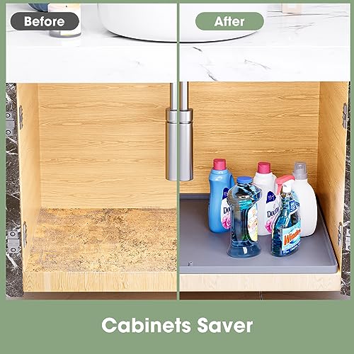 Puricon Under Sink Mat, 28β x 22β Under Sink Mats for Kitchen Waterproof, Silicone Under Sink Liner Under Cabinet Rubber Mat Protector, Flexible Under Sink Drip Tray for 30β Bathroom Cabinet -Gray