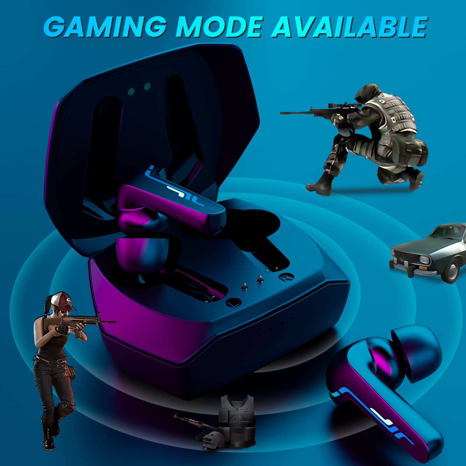 MORMOQUE T2 Wireless Gaming Earbuds, 45ms Low Latency Combat Mode, Wireless Earbuds with Microphone, IPX5 Waterproof,with 30H Playtime