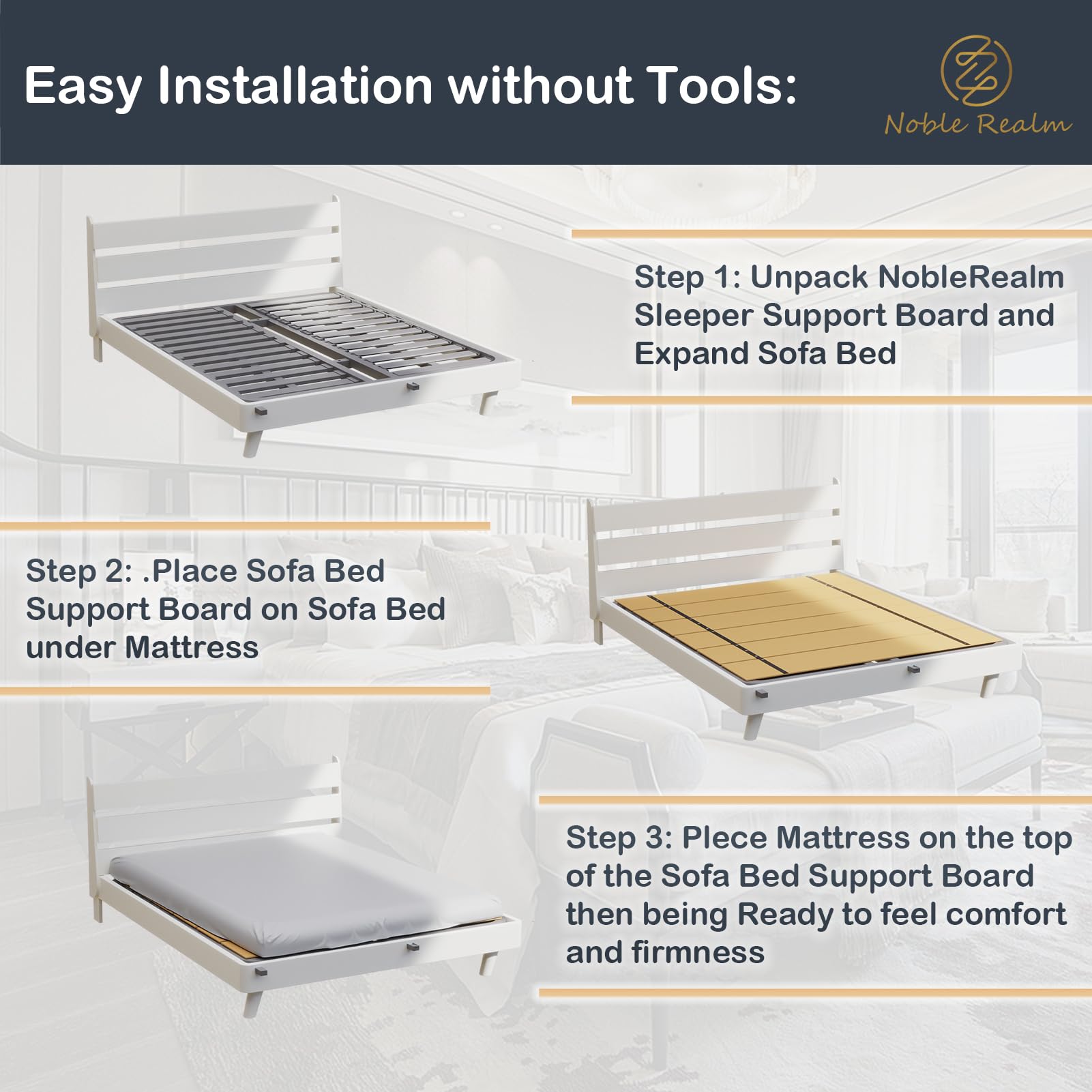 NobleRealm® Foldable Box Spring Full | Full Size Bunkie Board & Bed Support Slats | Bed Board for Mattress Support | Easy Setup, Noise Minimizing, Moisture Resistant (48 x 60 Full Size)