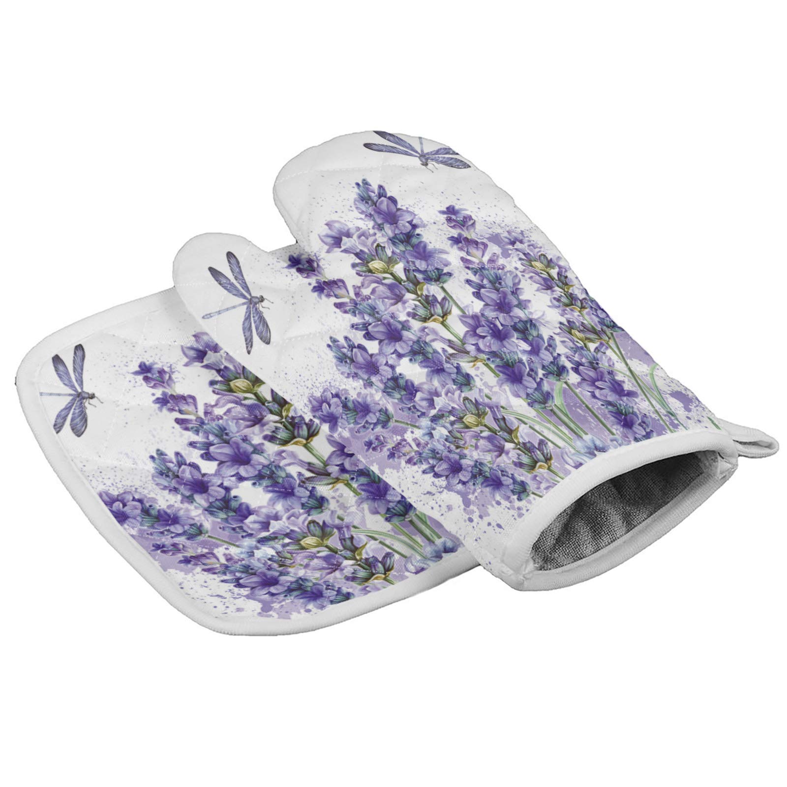 Kitchen Oven Gloves Lavender Flower Oven Mitts Pot Holder Set Purple Floral Dragonfly Hot Pad Sets for Kitchen BBQ Cooking Baking Grilling Heat Resistance