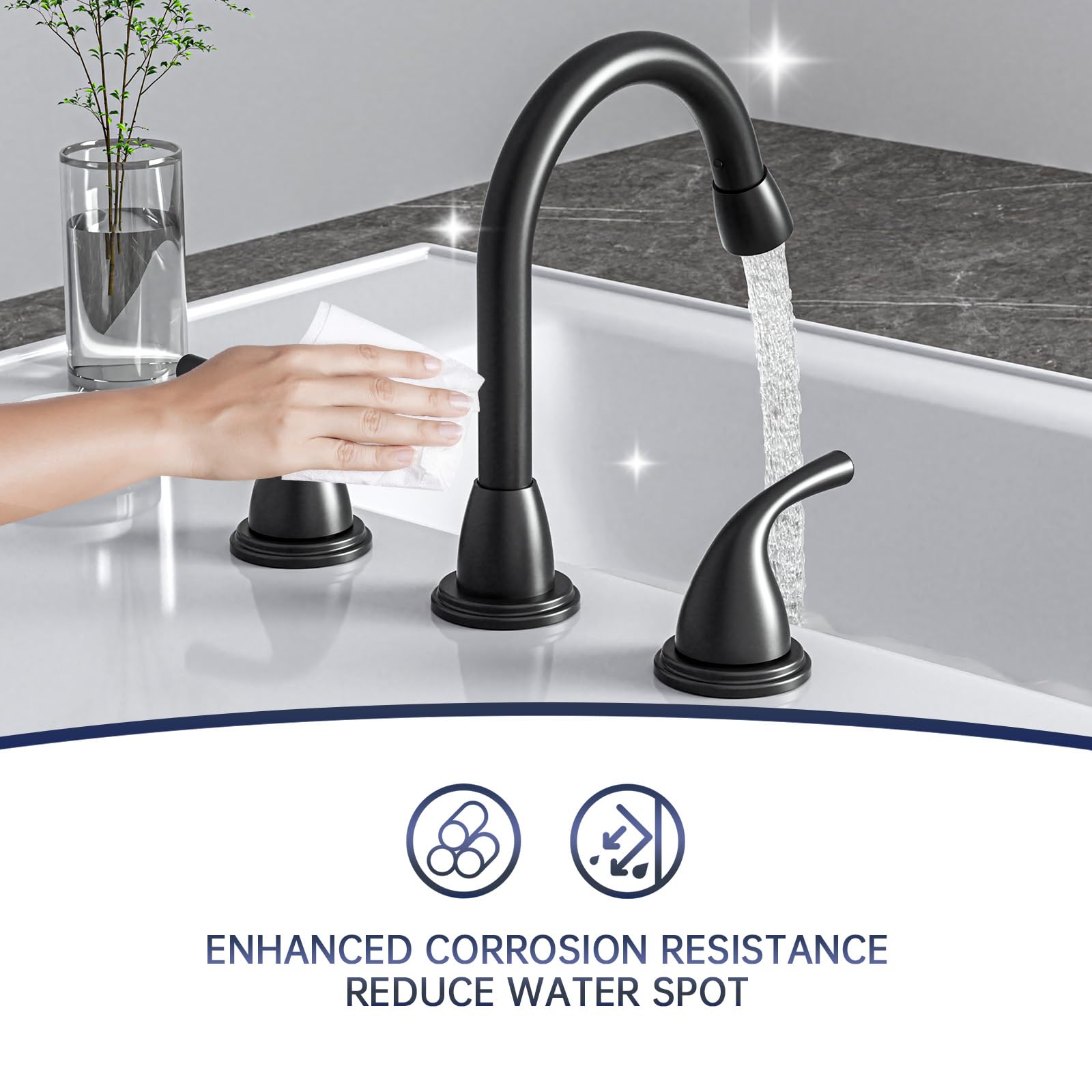 Phiestina Pull Down Sprayer Matte Black 8 Inch 3 Hole Bathroom Sink Faucet, 2 Handles Widespread Pull Out Bathroom Faucet, with Pop Up Drain and Water Supply Line,BF04008-B11-MB