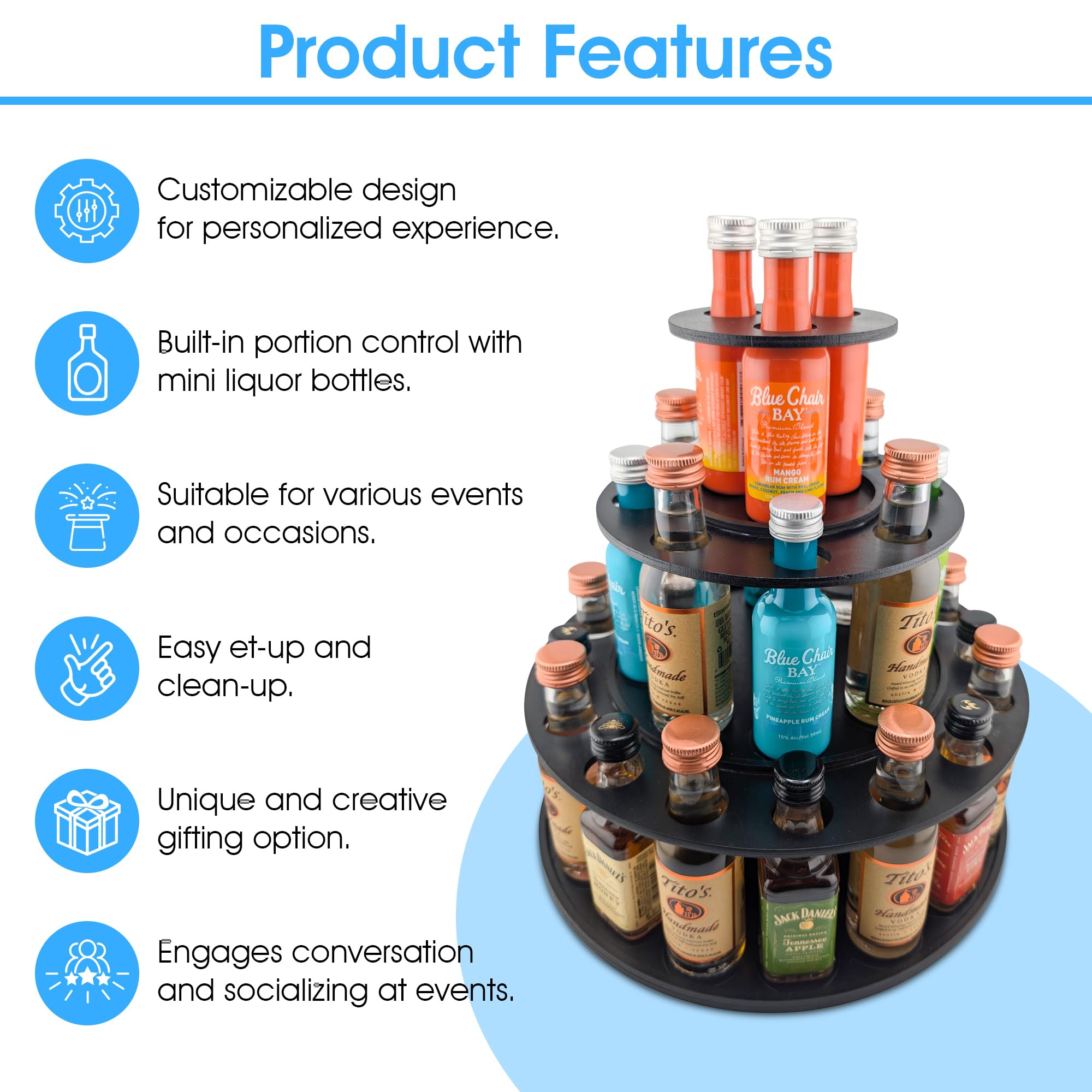 Shot Cake Party Display for Mini Liquor Bottles | 21st Birthday Holiday Celebration Decoration Centerpiece (Three Tier, Black)