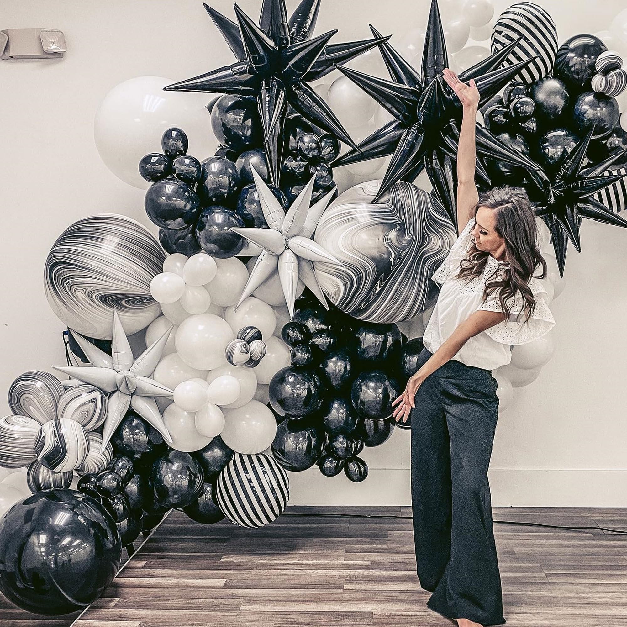 Woaipati 178 PCS Black and White Balloon Garland Arch Kit with Striped Balloons,4D Agate Balloons and Explosion Star Foil Balloons for Men or Women's Birthday,Wedding,Disco Party Decorations Supplies
