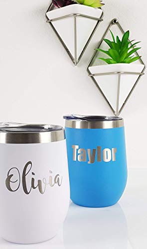Personalized Monogram Wine Tumbler with Lid - Customized Stainless Steel Stemless Wine Glass