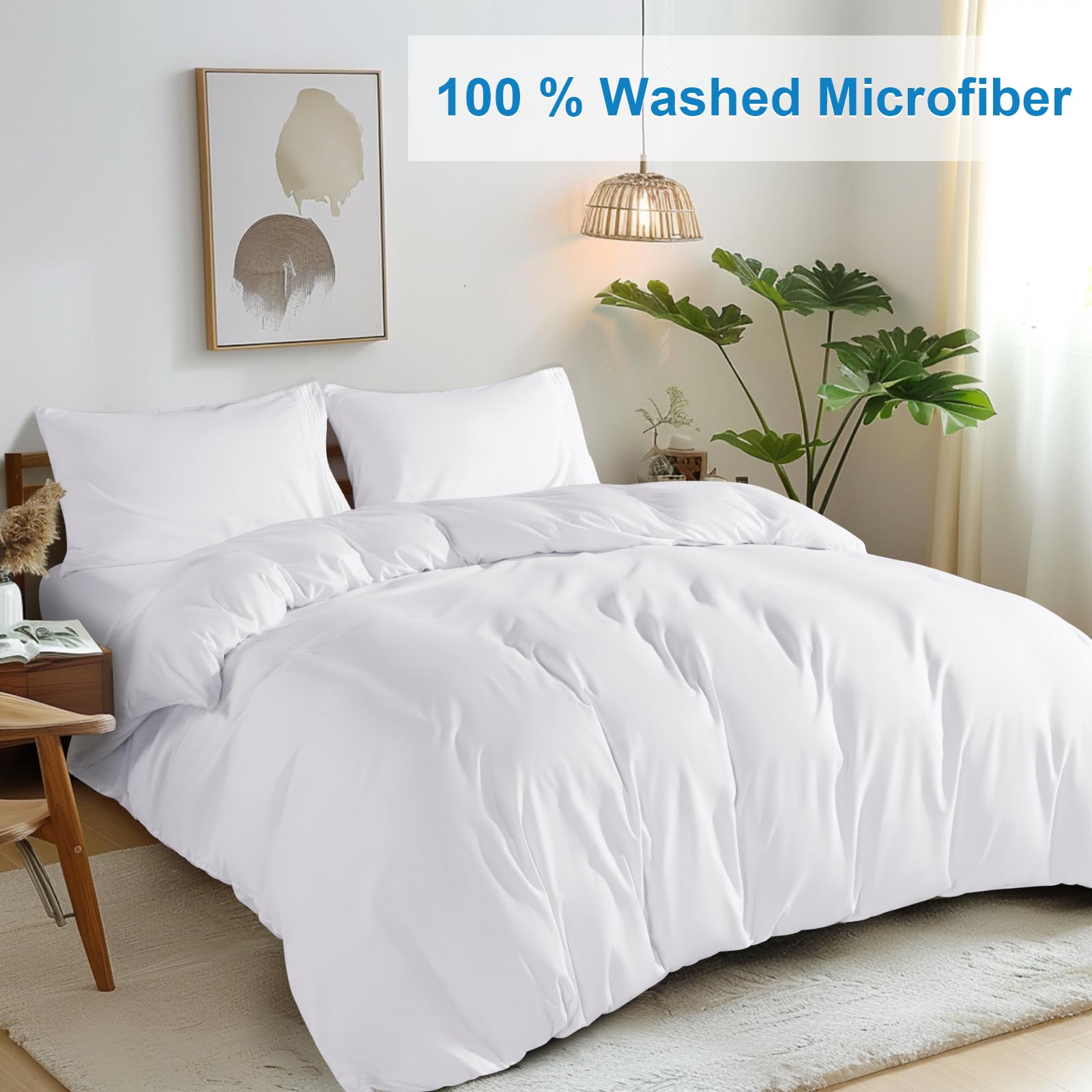 SONORO KATE Duvet Cover Queen,Washed Microfiber Queen Size Duvet Cover Set,Soft & Breathable with Zipper Closure & Corner Ties(White-8,Queen)
